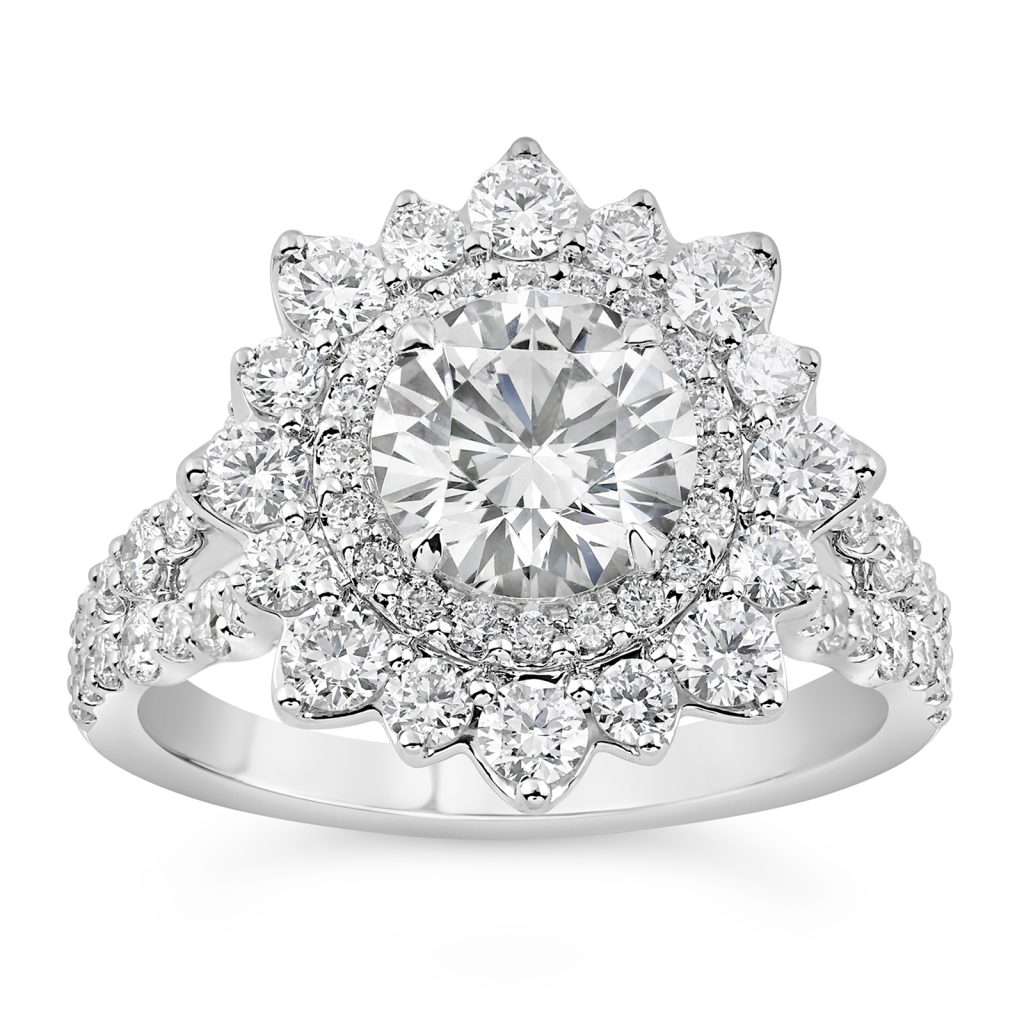 14K White Gold Round Lab Grown Diamond Star Burst Halo Engagement Ring ...